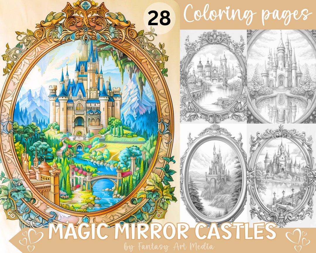 Magic Mirror - Castles Coloring Pages | Printable Adult Grayscale ...