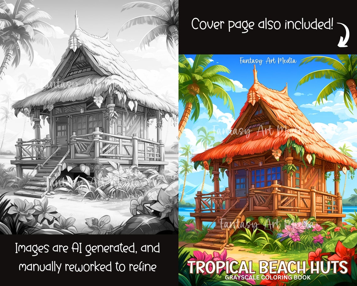 40 Tropical Beach Huts Coloring Pages | Printable Adult Grayscale Beach ...
