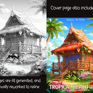 40 Tropical Beach Huts Coloring Pages | Printable Adult Grayscale Beach ...