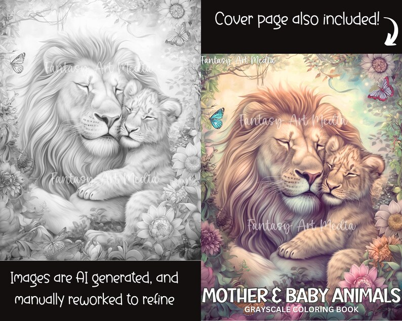 Mother & Baby Animals Coloring Pages, Adult Grayscale Cute Forest ...