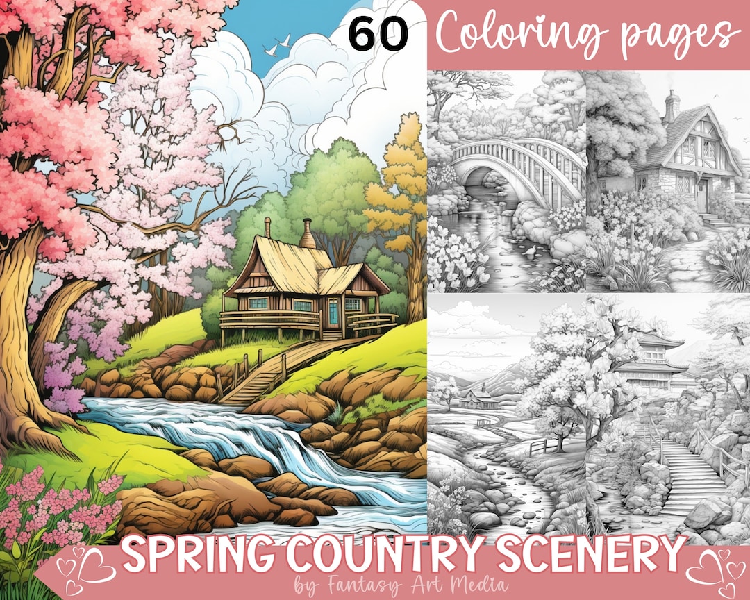 Spring Country Scenery Printable Adult Grayscale Coloring Pages ...