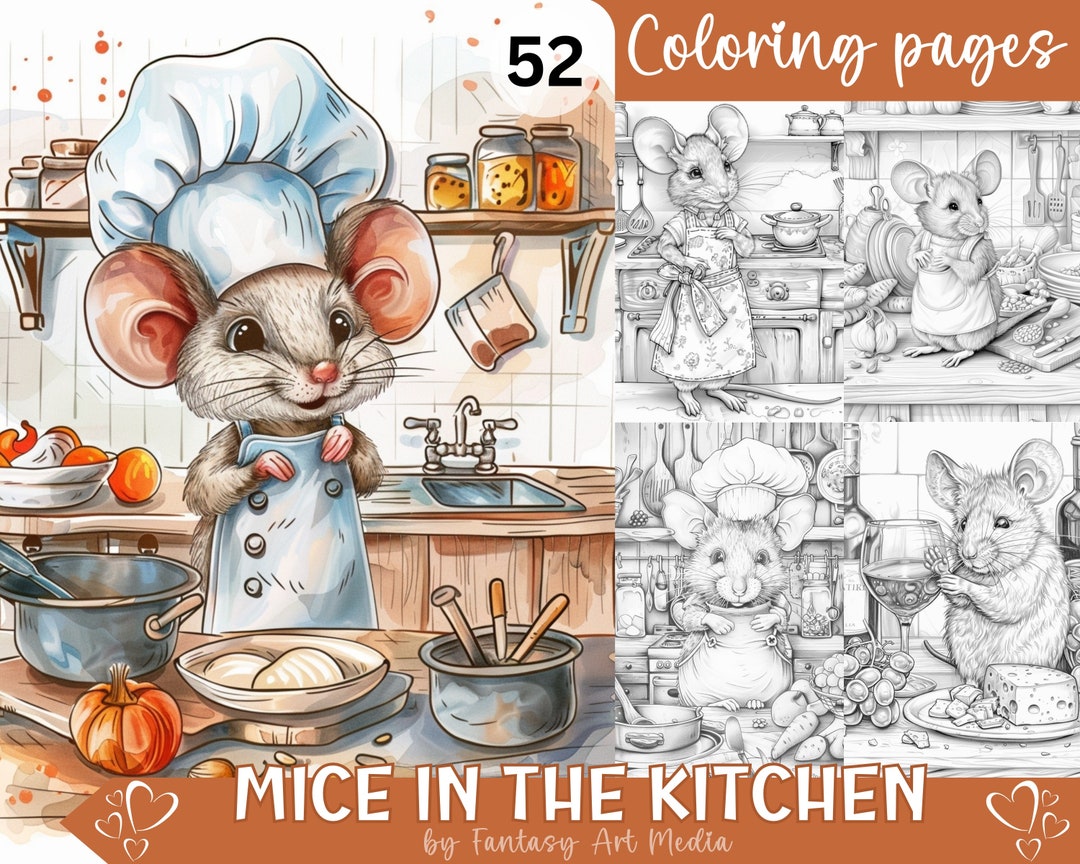 Mice in the Kitchen Grayscale Coloring Pages, Adults & Children ...