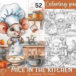 Mice in the Kitchen Grayscale Coloring Pages, Adults & Children ...
