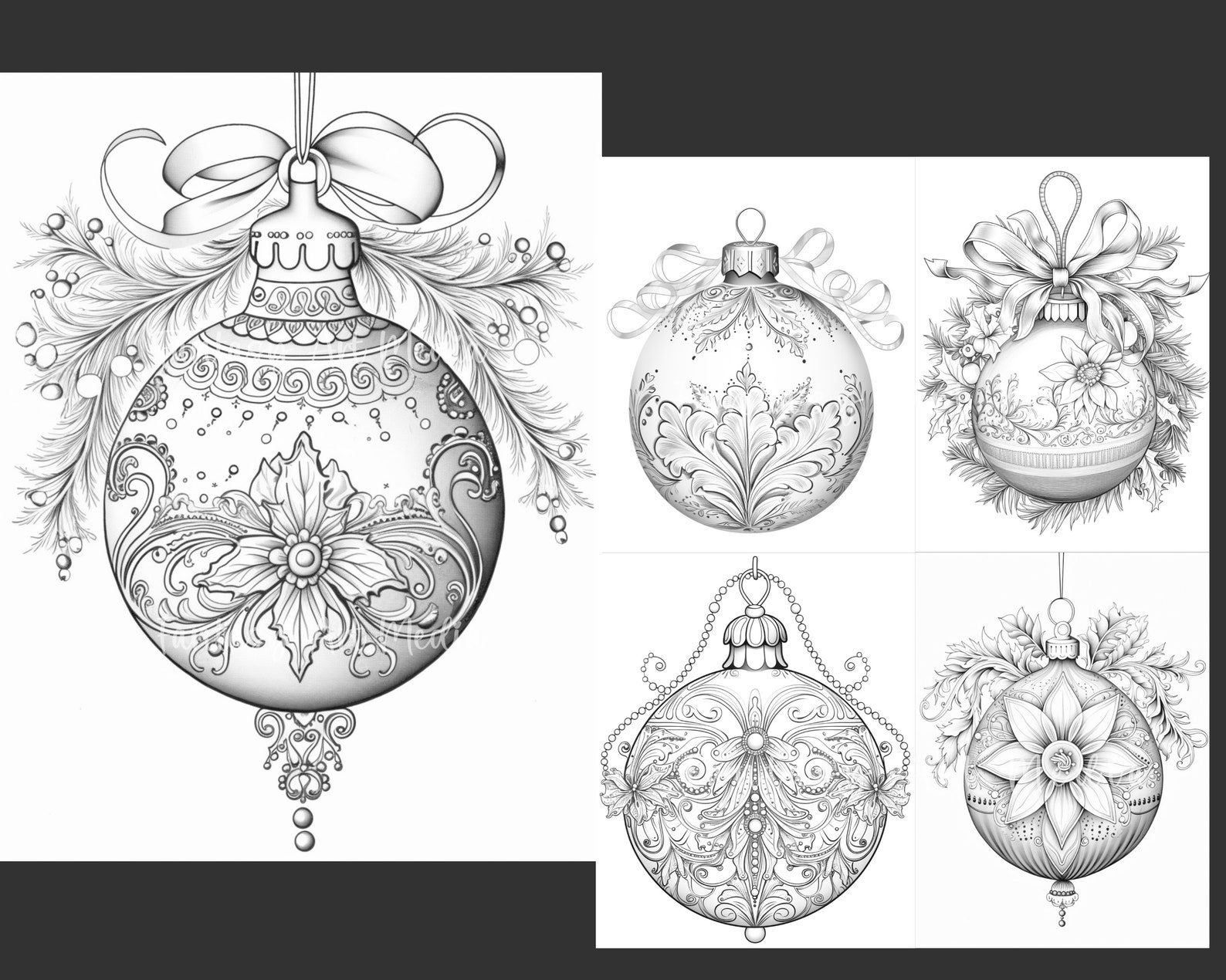 Christmas Baubles Coloring Pages: 60 Grayscale Designs (printable PDF ...