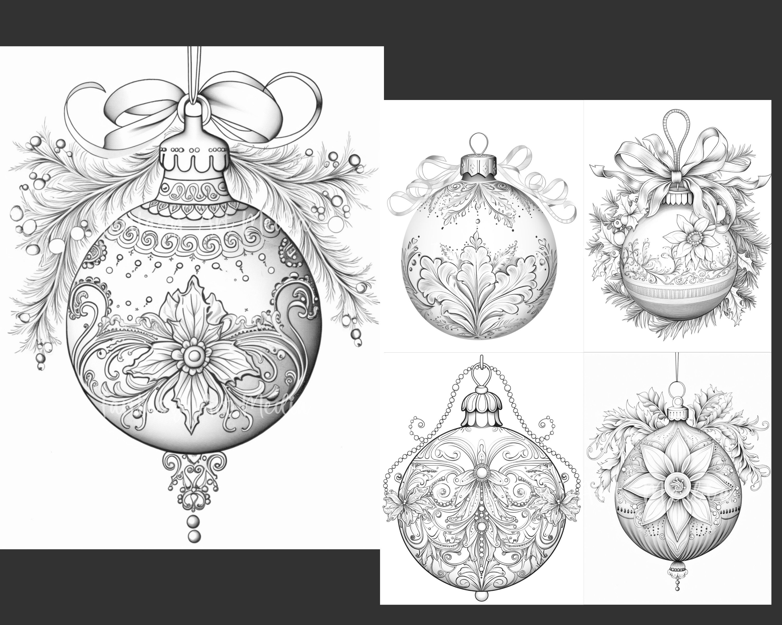 Christmas Baubles Coloring Pages: 60 Grayscale Designs (printable PDF ...