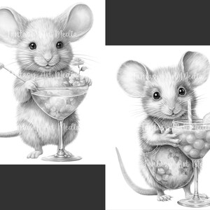 20 Cute Cocktail Mice Grayscale Coloring Pages for Adults & Children ...
