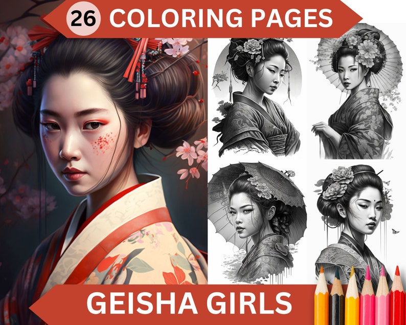 26 Geisha Girl Grayscale Japanese Women Coloring Pages - Etsy