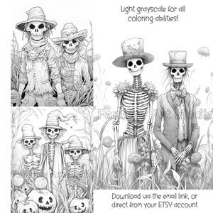 Skeleton Scarecrows Spooky Halloween Grayscale Coloring Pages Printable ...