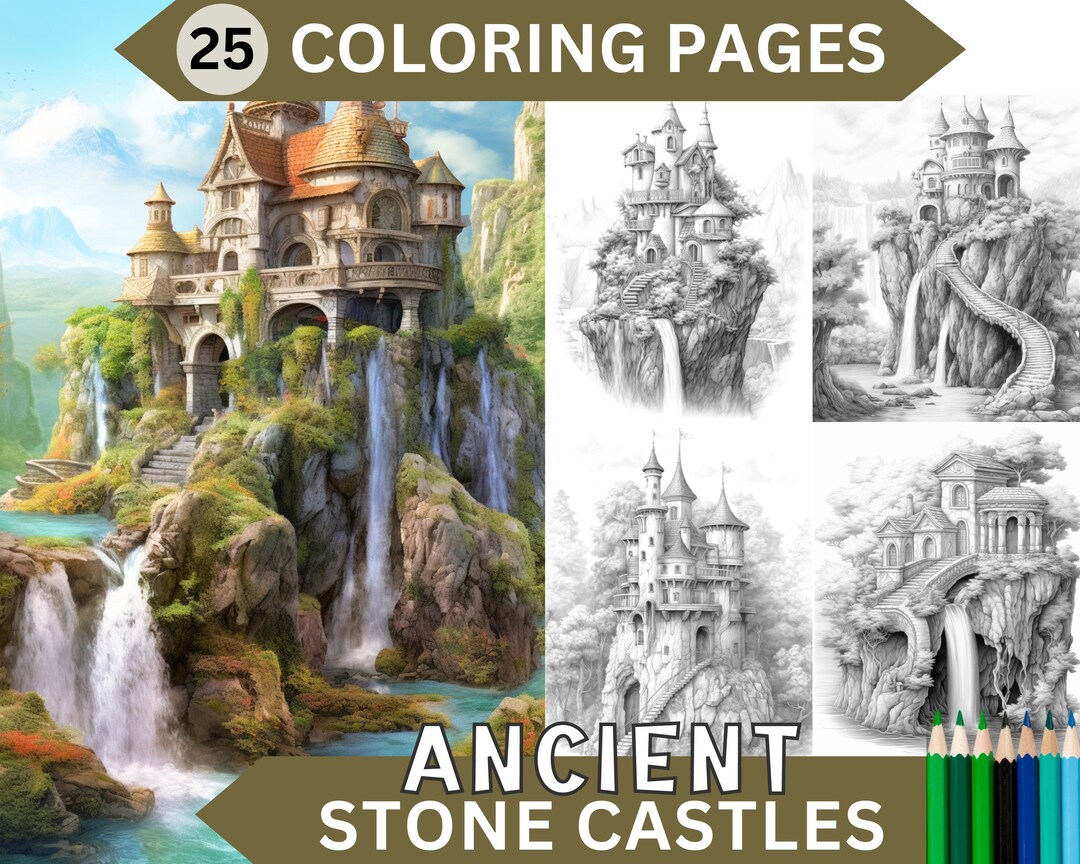 25 Ancient Stone Castles Coloring Pages | Printable Adult Grayscale ...
