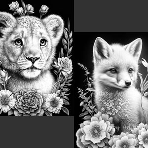 30 Baby Animals on Black Grayscale Coloring Pages | Printable Adult ...