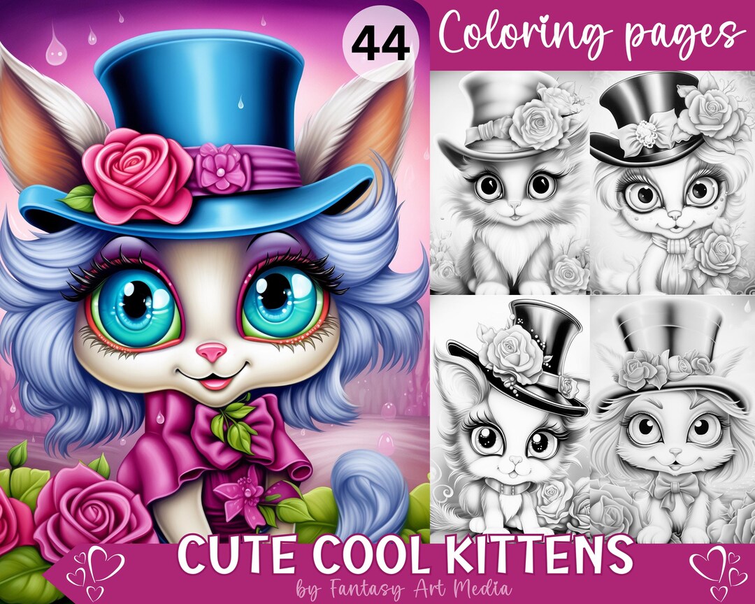Cute Cool Kittens Grayscale Coloring Pages, Adult & Kids Printable ...