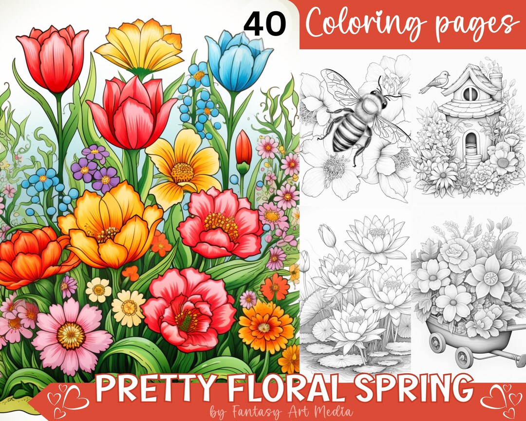 Pretty Floral Spring Coloring Pages | Adult Grayscale Seasonal Flowers ...