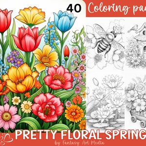 Pretty Floral Spring Coloring Pages | Adult Grayscale Seasonal Flowers ...