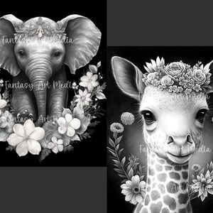 30 Baby Animals on Black Grayscale Coloring Pages | Printable Adult ...