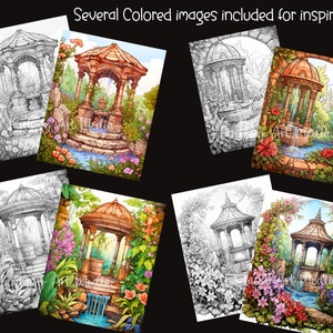 Wishing Wells Coloring Pages, 50 Printable Adult Grayscale Cottage ...