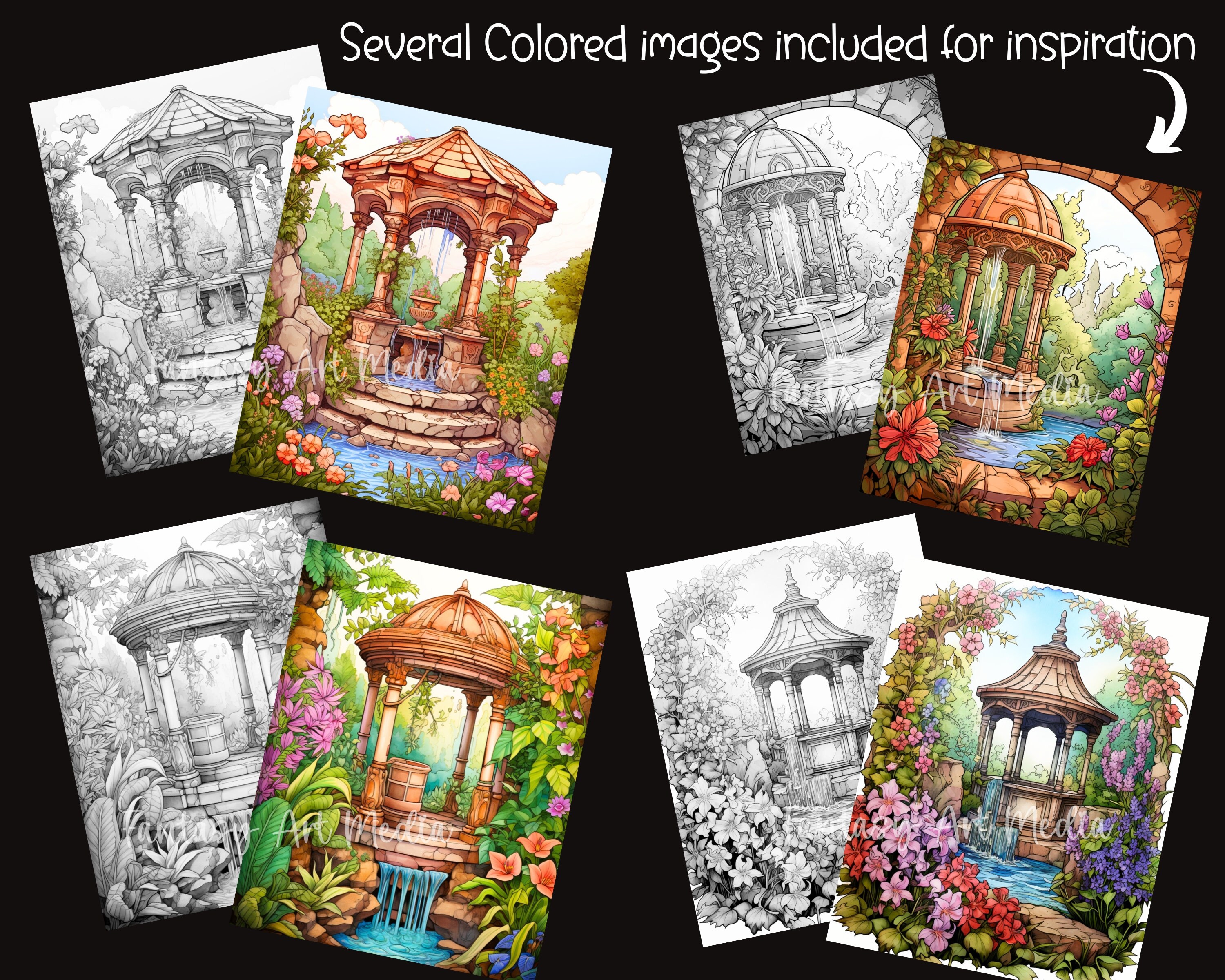 Wishing Wells Coloring Pages: 50 Grayscale Cottage Garden Designs ...