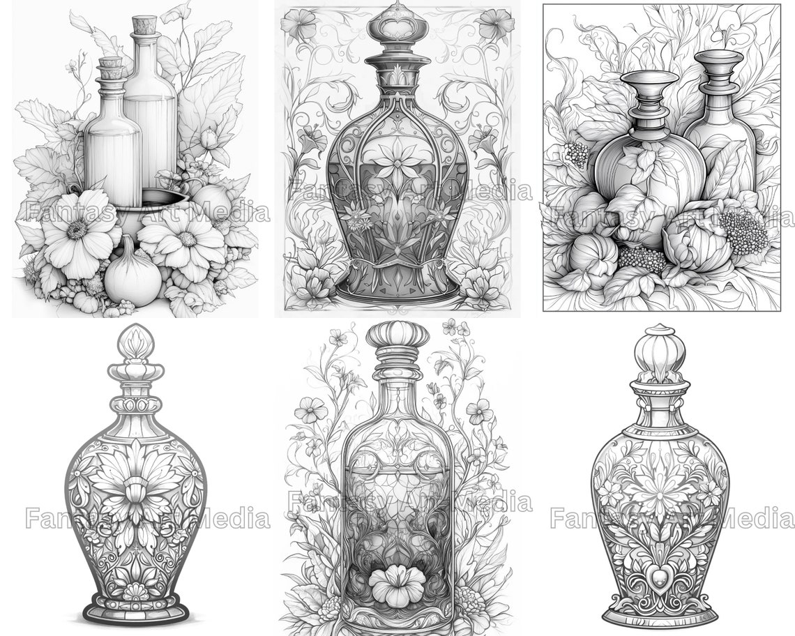 Floral Potion Bottles Grayscale Coloring Pages, Printable Adult ...