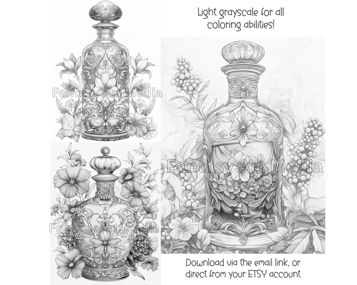 Floral Potion Bottles Grayscale Coloring Pages, Printable Adult ...
