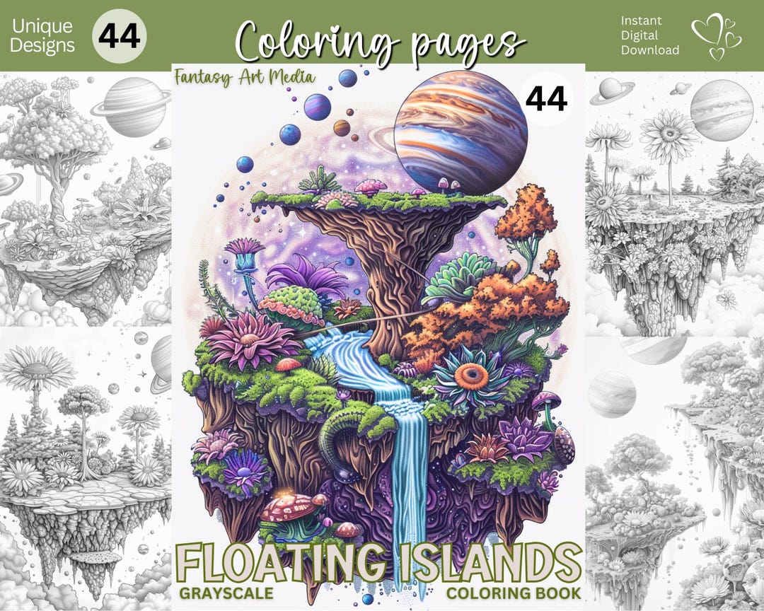 Floating Islands Coloring Pages, Printable Adult Grayscale Fantasy ...