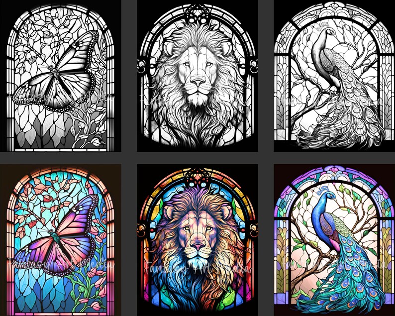 Animals Stained Glass Windows Coloring Pages: Grayscale Art (PDF/JPG ...
