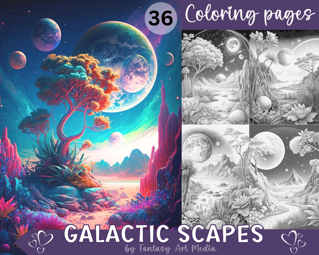 36 Galactic Scapes Coloring Pages | Printable Adult Grayscale Fantasy ...