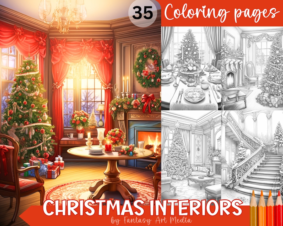 Christmas Interiors Coloring Pages: 35 Xmas Decoration Designs ...