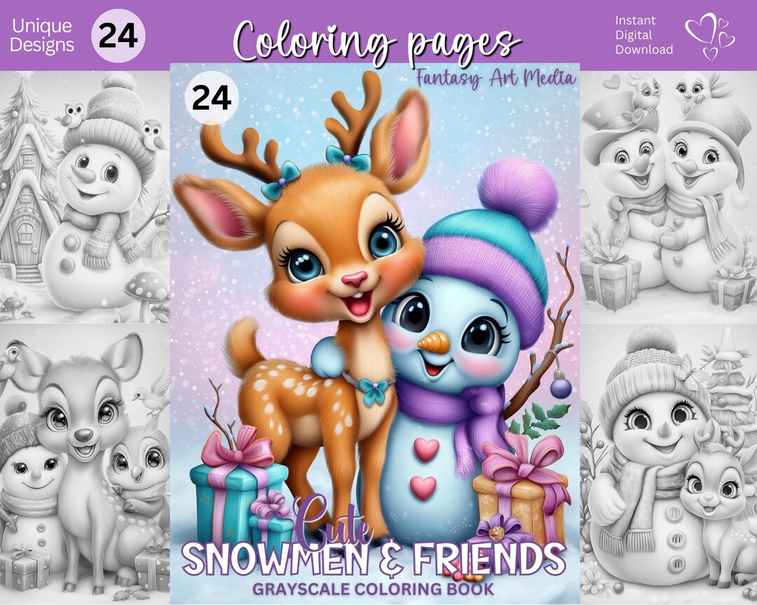 Cute Snowmen & Friends Coloring Pages, Printable Adult Grayscale Winter ...