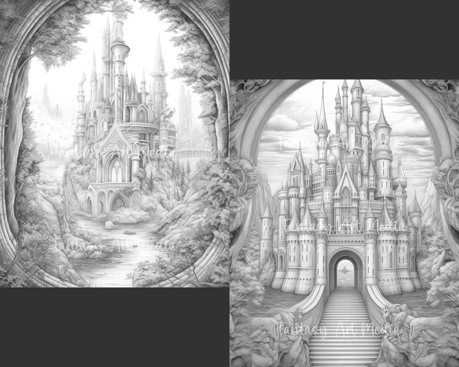 Magic Portal Castles Coloring Pages: Grayscale Fantasy Art (PDF/JPG) - Etsy