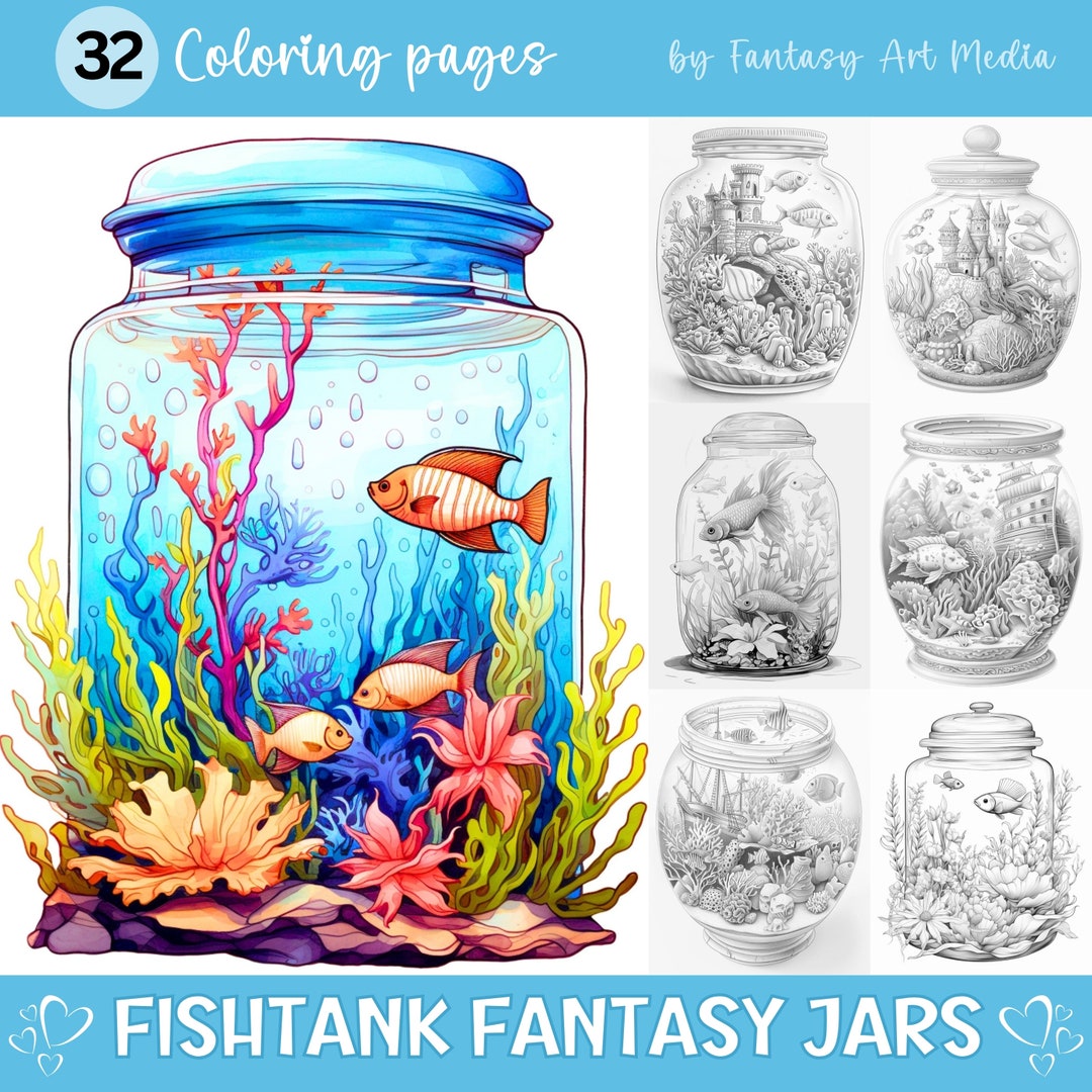 Fishtank Fantasy Jars Coloring Pages, Printable Adult Tropical ...