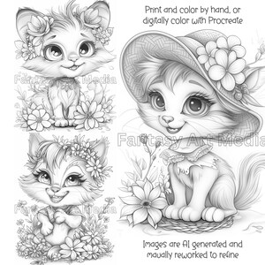Fun Floral Kittens Grayscale Coloring Pages, Adult & Kids Cute ...