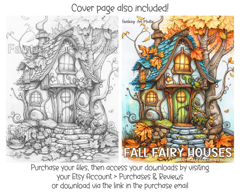 Fall Fairy Houses Coloring Pages | Cute Printable Adult Grayscale ...