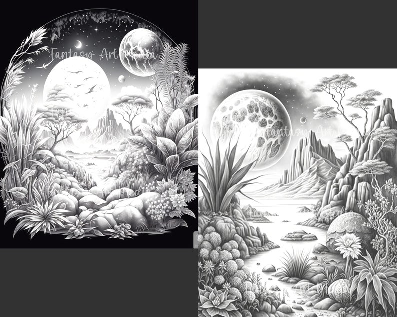 36 Lunar Landscapes Coloring Pages Printable Adult Grayscale - Etsy