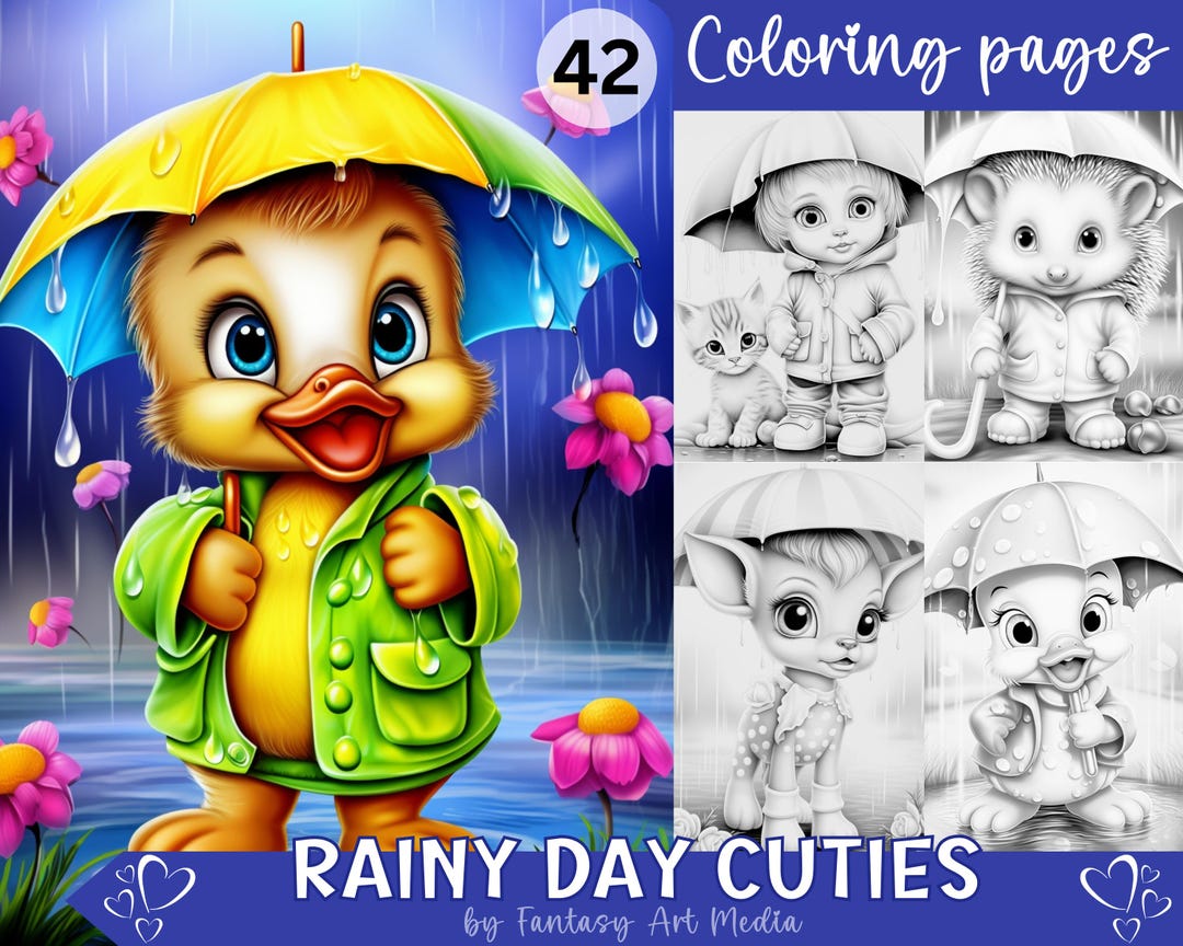 Rainy Day Cuties Grayscale Coloring Pages, Adult & Kids Printable Cute ...