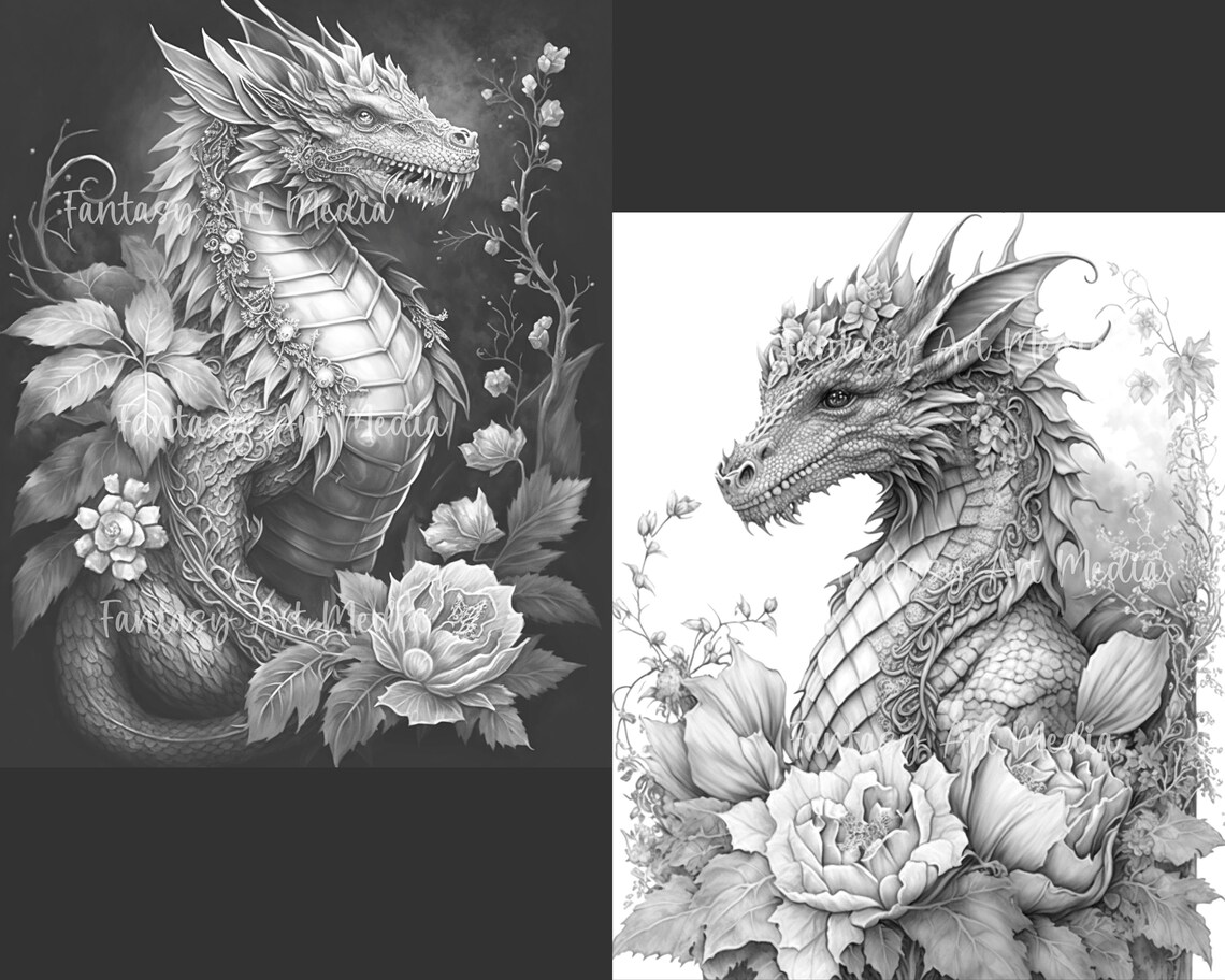 35 Dazzling Dragons Grayscale Coloring Pages Printable Adult - Etsy