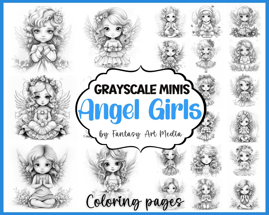 Grayscale Minis "angel Girls" Coloring Pages, Printable Adult Small ...