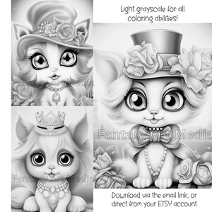 Cute Regal Kittens Grayscale Coloring Pages, Adult & Kids Printable ...