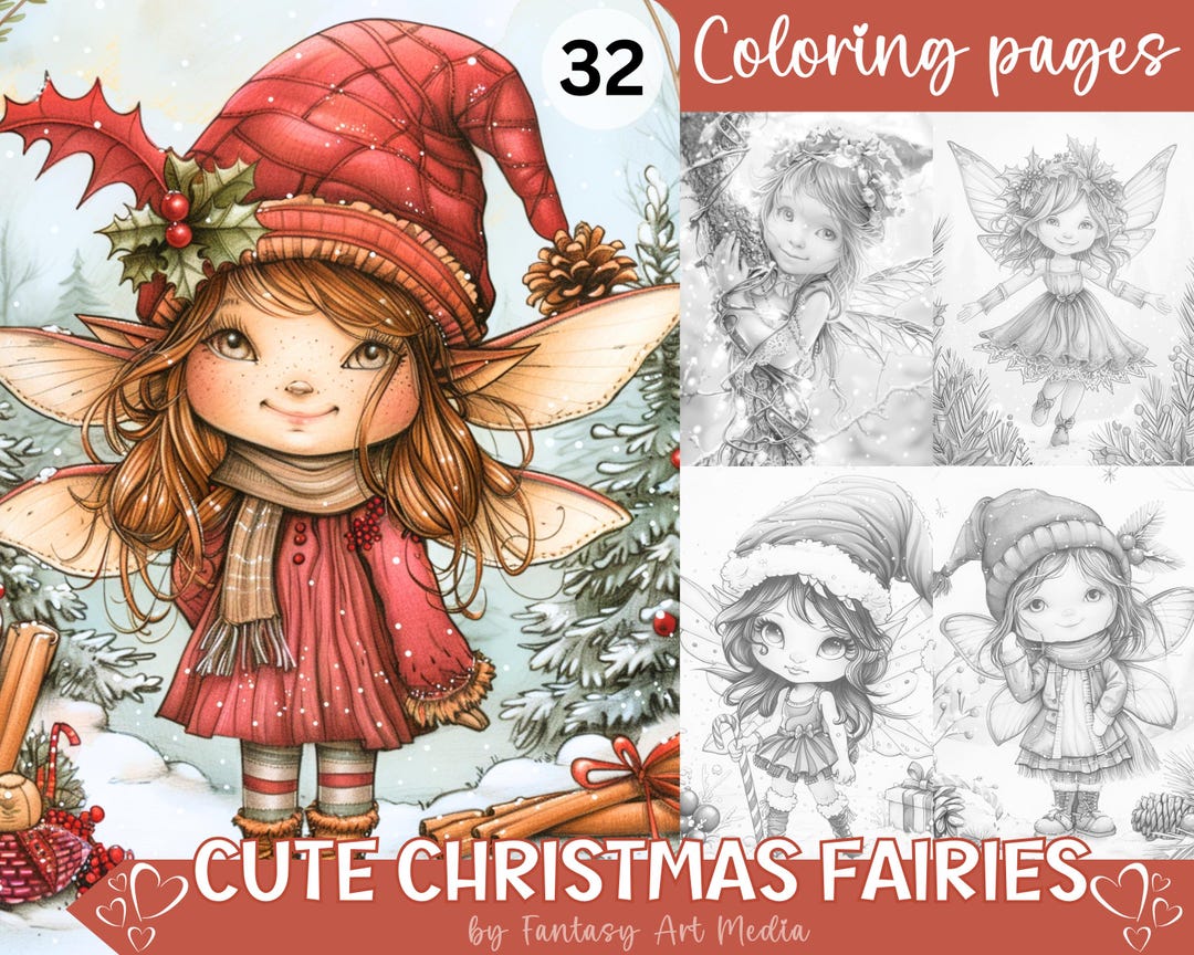 Cute Christmas Fairies Coloring Pages, Adult Fantasy Winter Xmas Elves ...