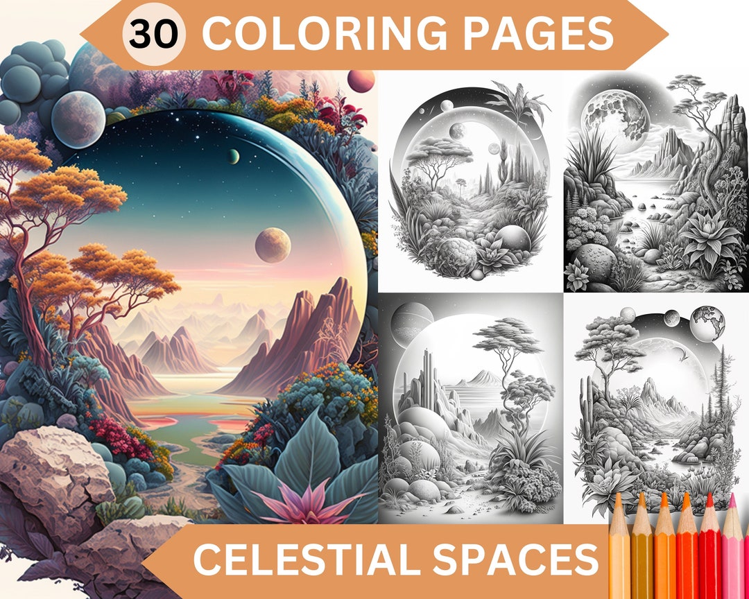 30 Celestial Spaces Coloring Pages Printable Adult Grayscale Coloring Book Instant Download ...