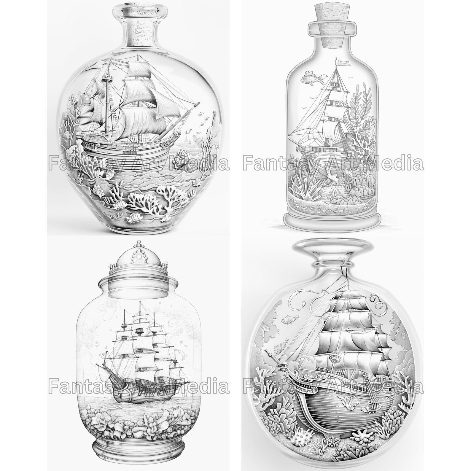 Ship in a Bottle Coloring Pages, Printable Adult Fantasy Fish Water ...