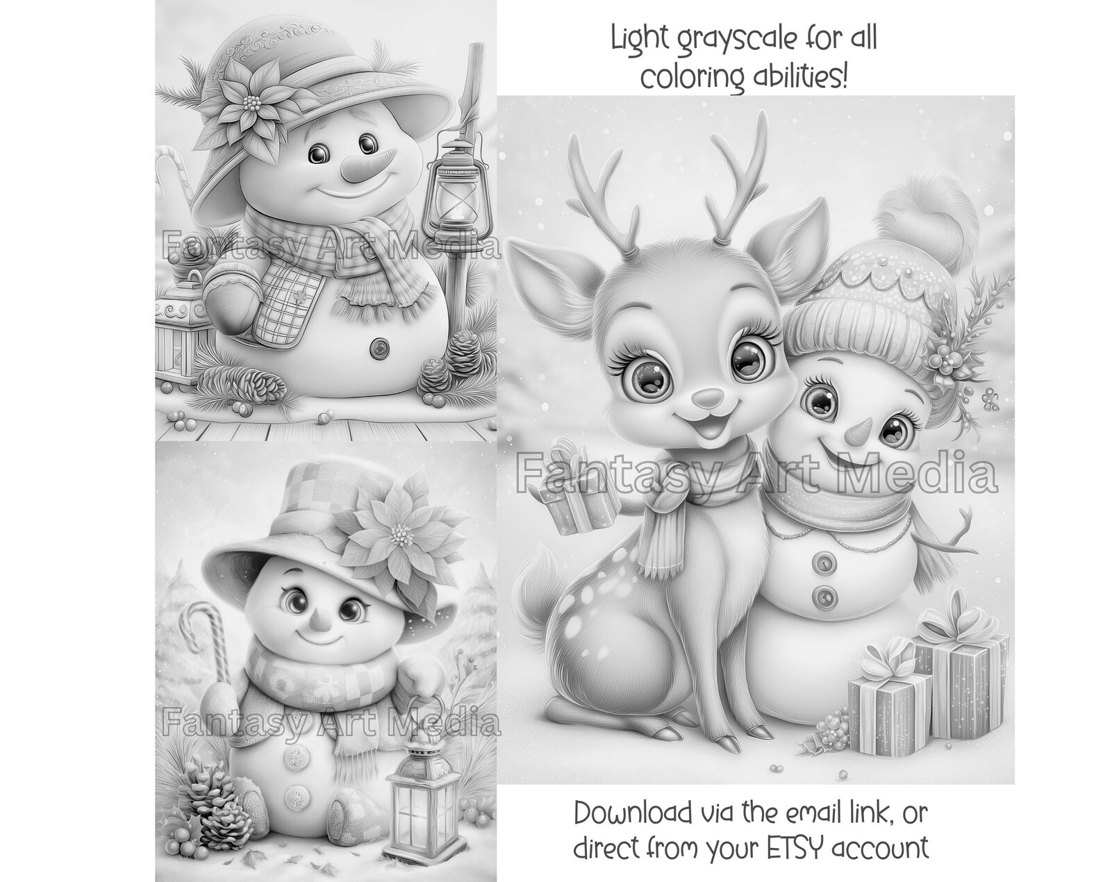 Adorable Winter Snowman Coloring Pages, Printable Adult Grayscale ...
