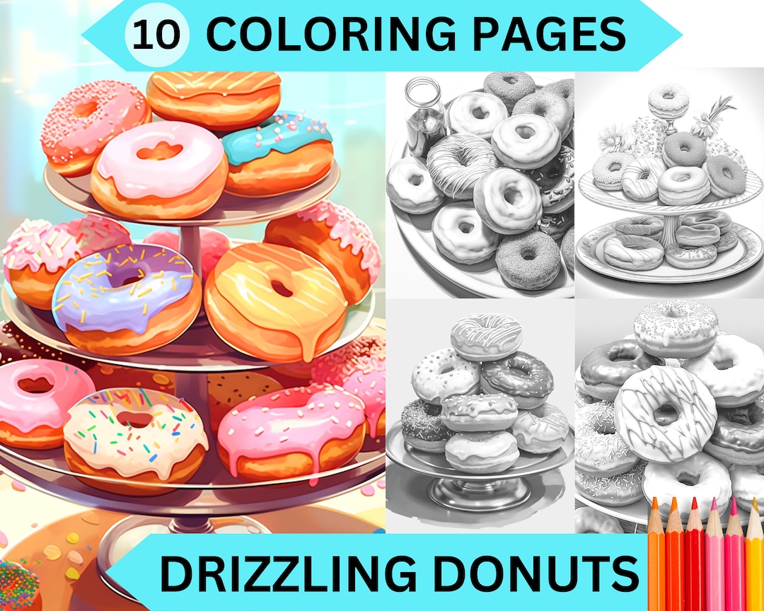 10 Drizzling Donuts Grayscale Coloring Pages | Printable Adult Sweets ...