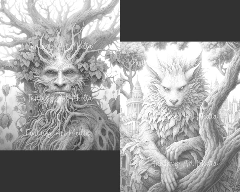 40 Fantasy Tree Creatures Coloring Pages | Printable Adult Grayscale ...