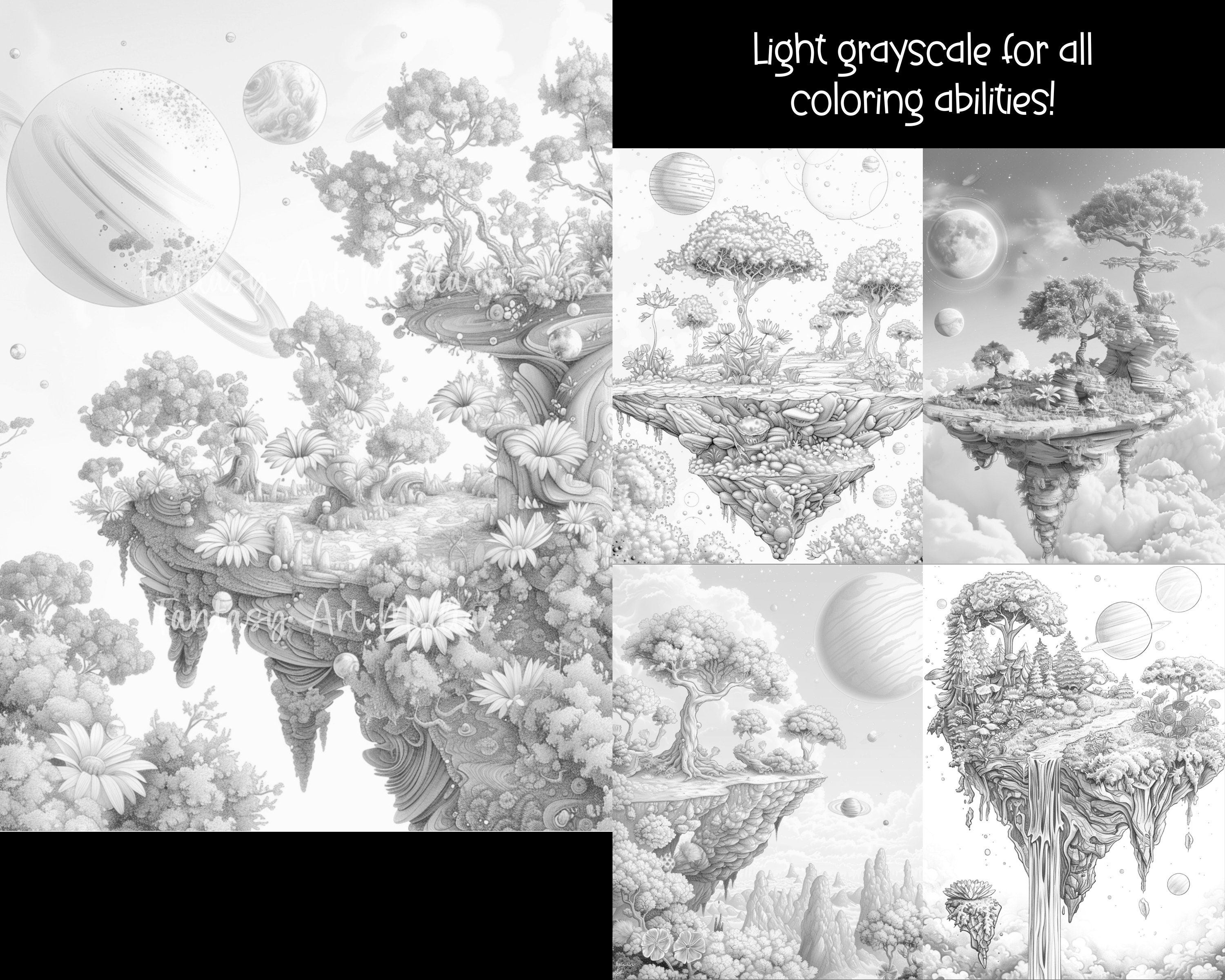 Floating Islands Coloring Pages, Printable Adult Grayscale Fantasy ...