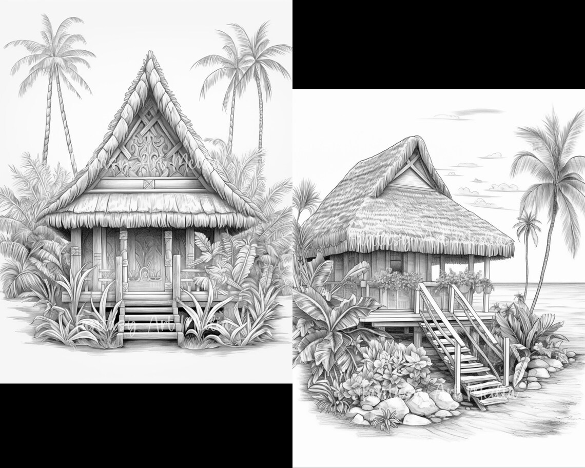 40 Tropical Beach Huts Coloring Pages | Printable Adult Grayscale Beach ...