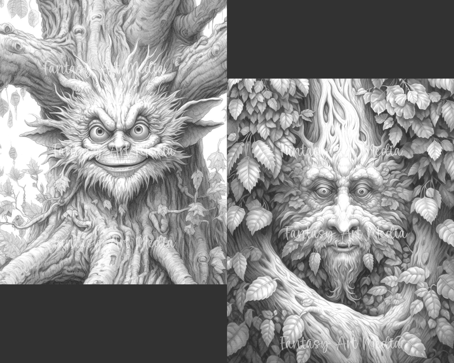 40 Fantasy Tree Creatures Coloring Pages | Printable Adult Grayscale ...