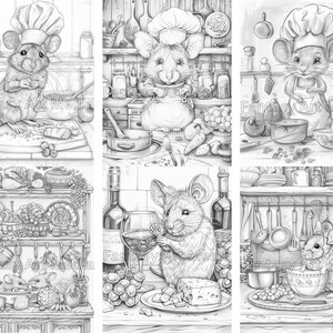 Mice in the Kitchen Grayscale Coloring Pages, Adults & Children ...
