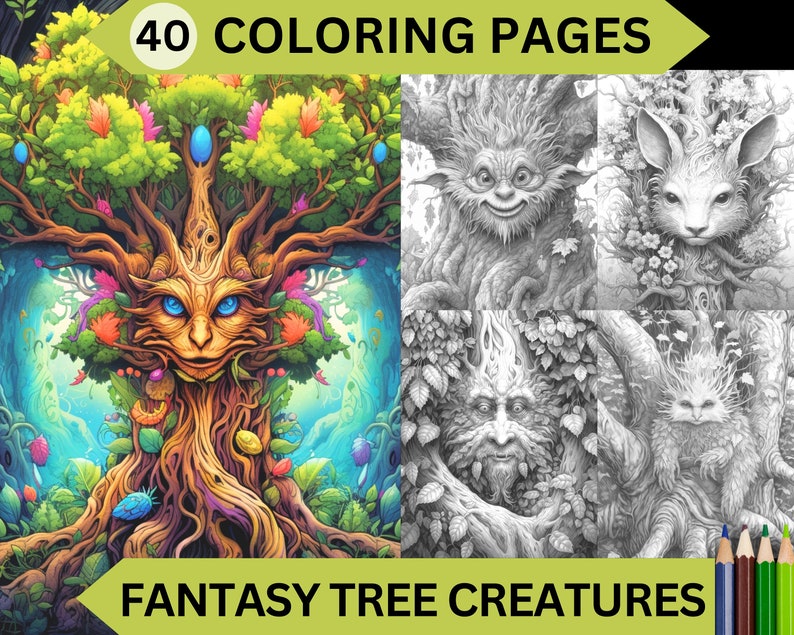 40 Fantasy Tree Creatures Coloring Pages | Printable Adult Grayscale ...