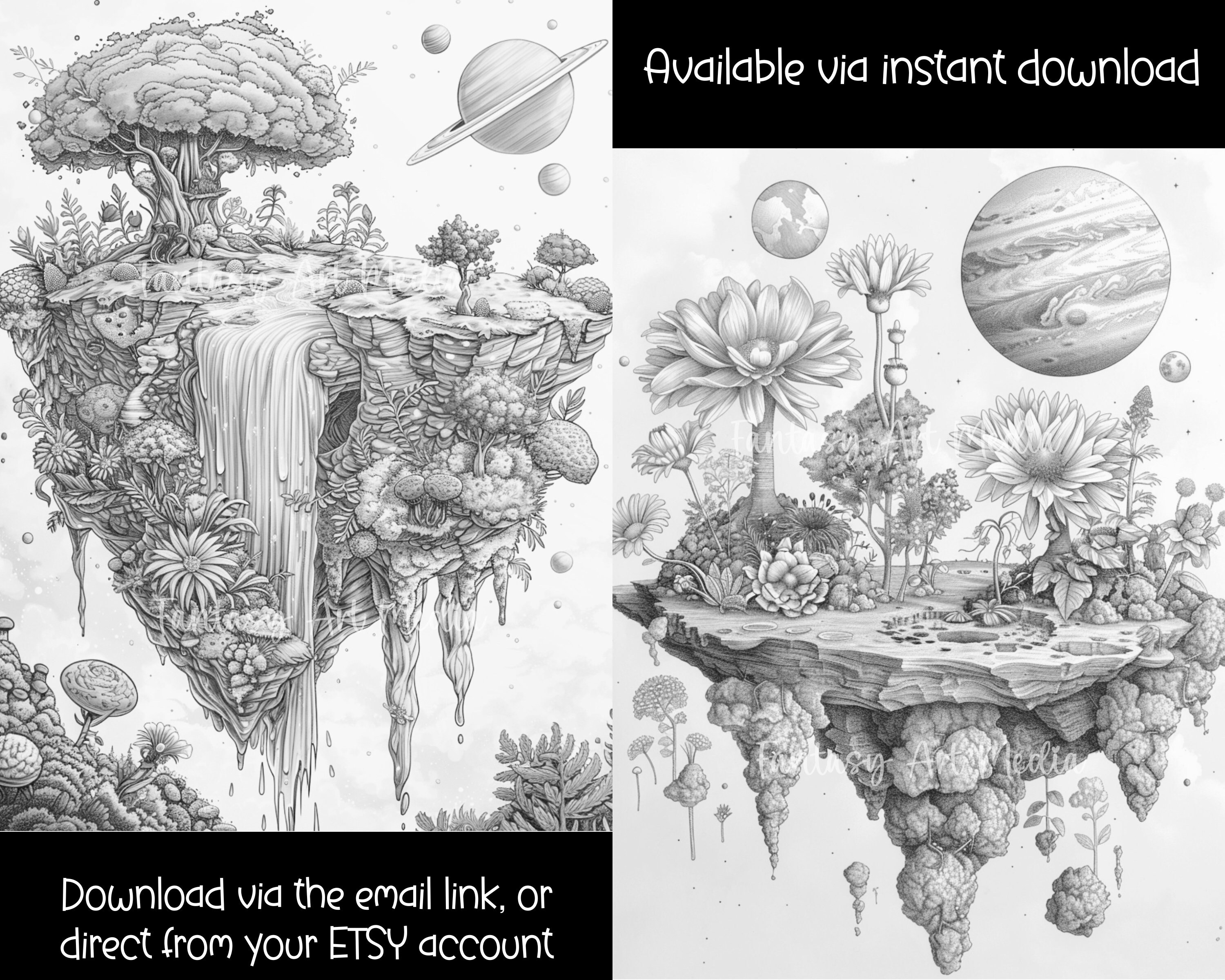 Floating Islands Coloring Pages, Printable Adult Grayscale Fantasy ...