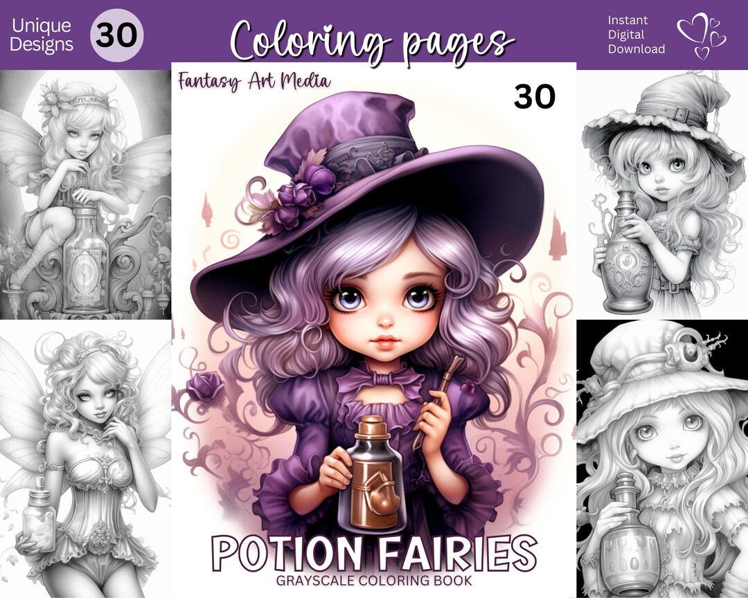 Halloween Fairy Coloring Pages: 30 Witch Grayscale Designs (PDF/JPG) - Etsy