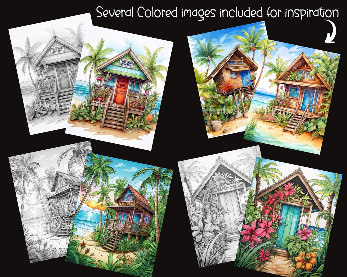 40 Tropical Beach Huts Coloring Pages | Printable Adult Grayscale Beach ...